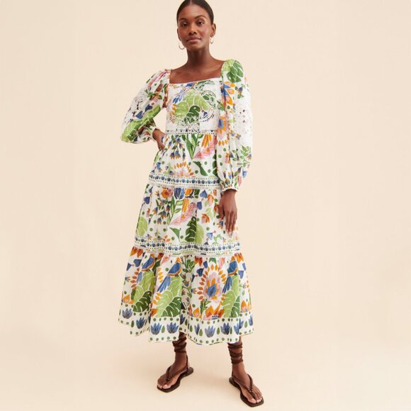 FARM Rio | Dresses | Farm Rio Summer Garden Midi Dress Long Sleeve ...